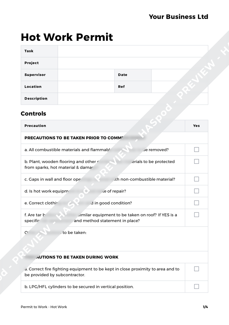 Hot Work Permit to Work Template - HASpod