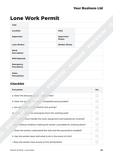 Lone Work Permit to Work Template - HASpod