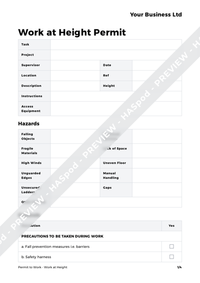Work at Height Permit to Work Template - HASpod