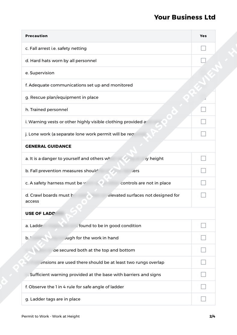 Work at Height Permit to Work Template - HASpod