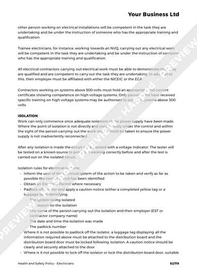Electricians Health and Safety Policy Template - HASpod