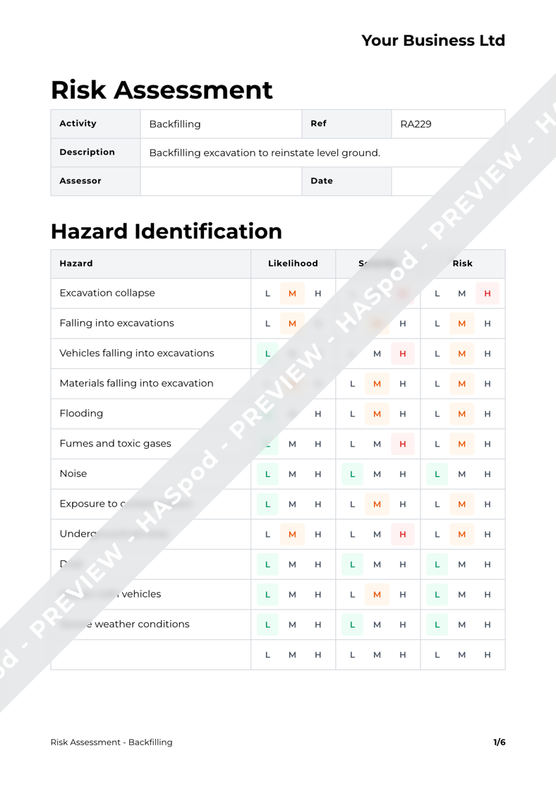 Backfilling Risk Assessment Template - HASpod