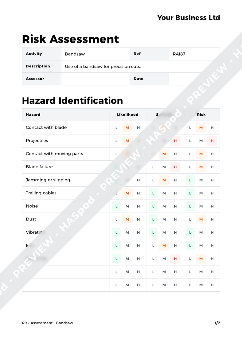 Bandsaw Risk Assessment Template - HASpod