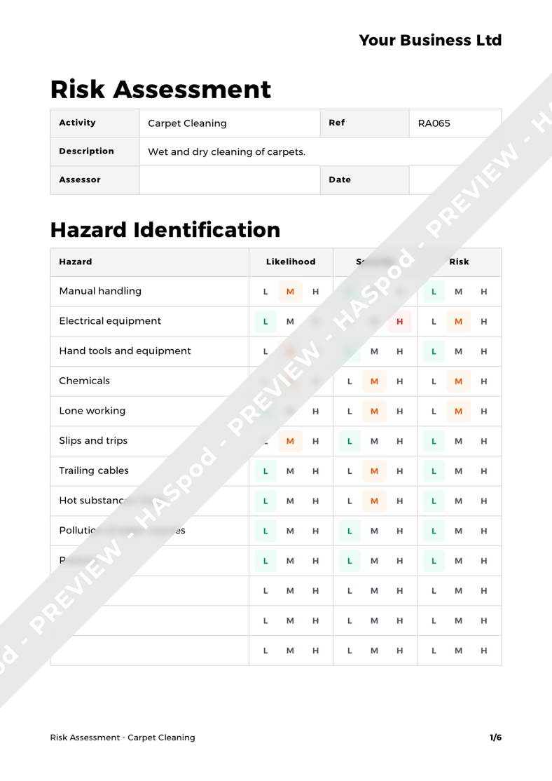 Carpet Cleaning Risk Assessment Template - HASpod