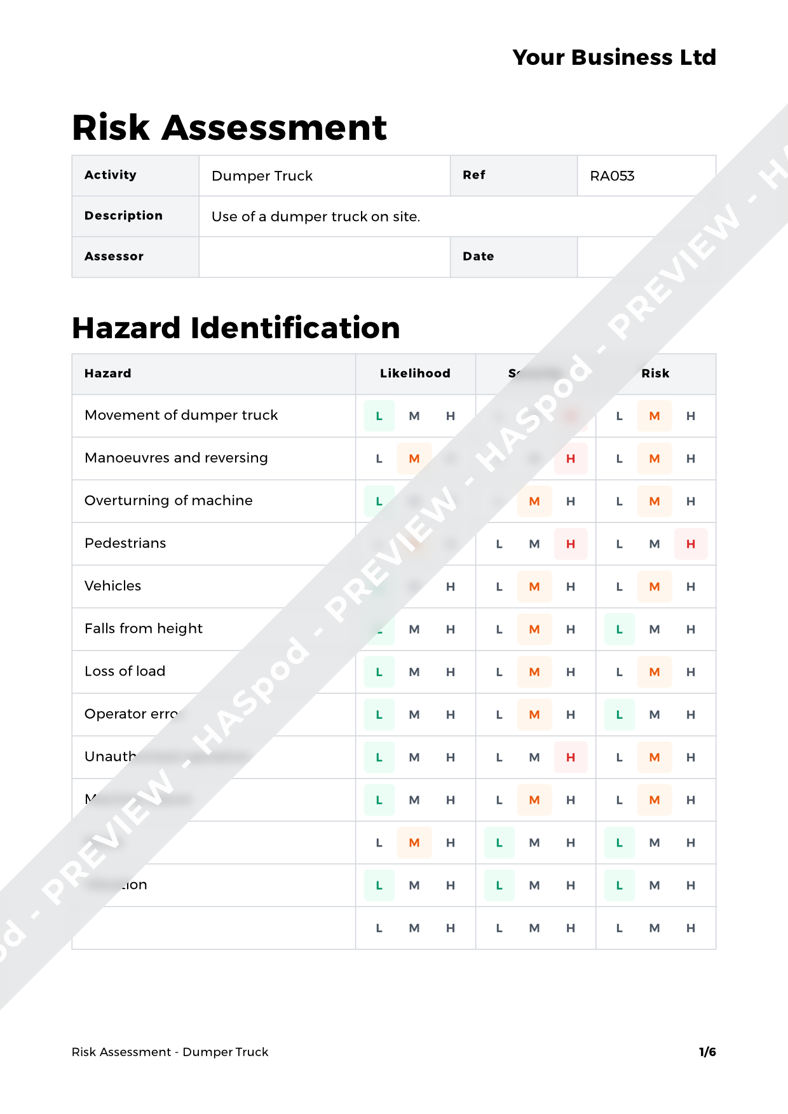 Dumper Truck Risk Assessment Template - HASpod