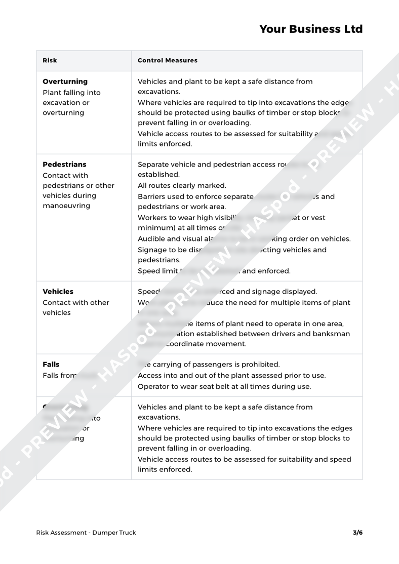 Dumper Truck Risk Assessment Template - HASpod