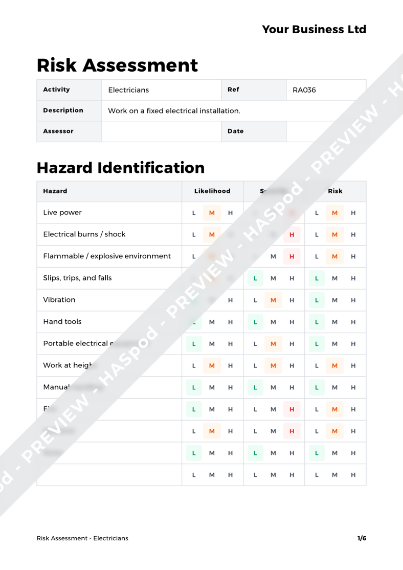 Electricians Risk Assessment Template - HASpod