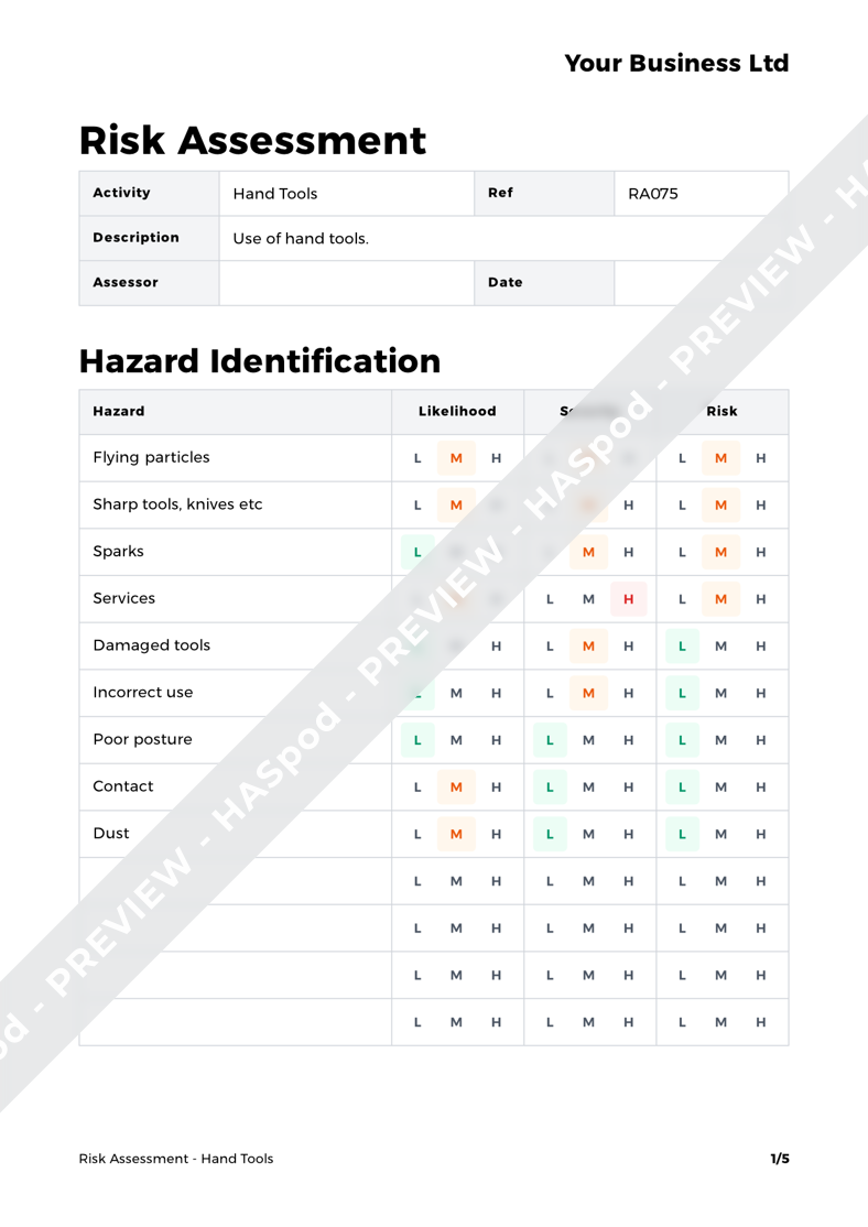 Hand Tools Risk Assessment Template - HASpod