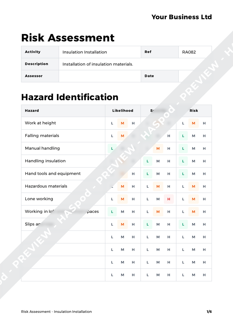 Insulation Installation Risk Assessment Template - HASpod