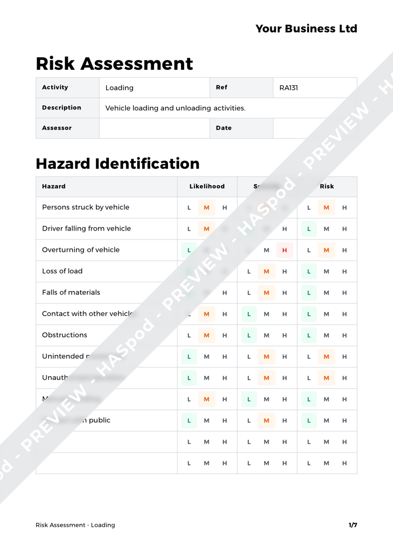 Loading Risk Assessment Template - HASpod
