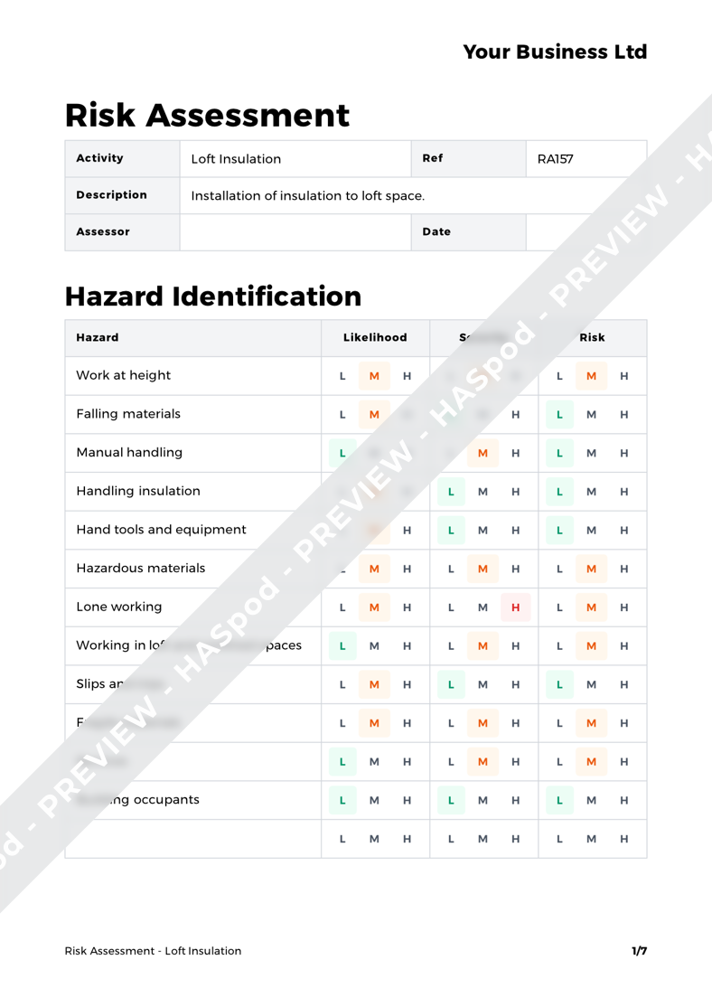 Loft Insulation Risk Assessment Template - HASpod