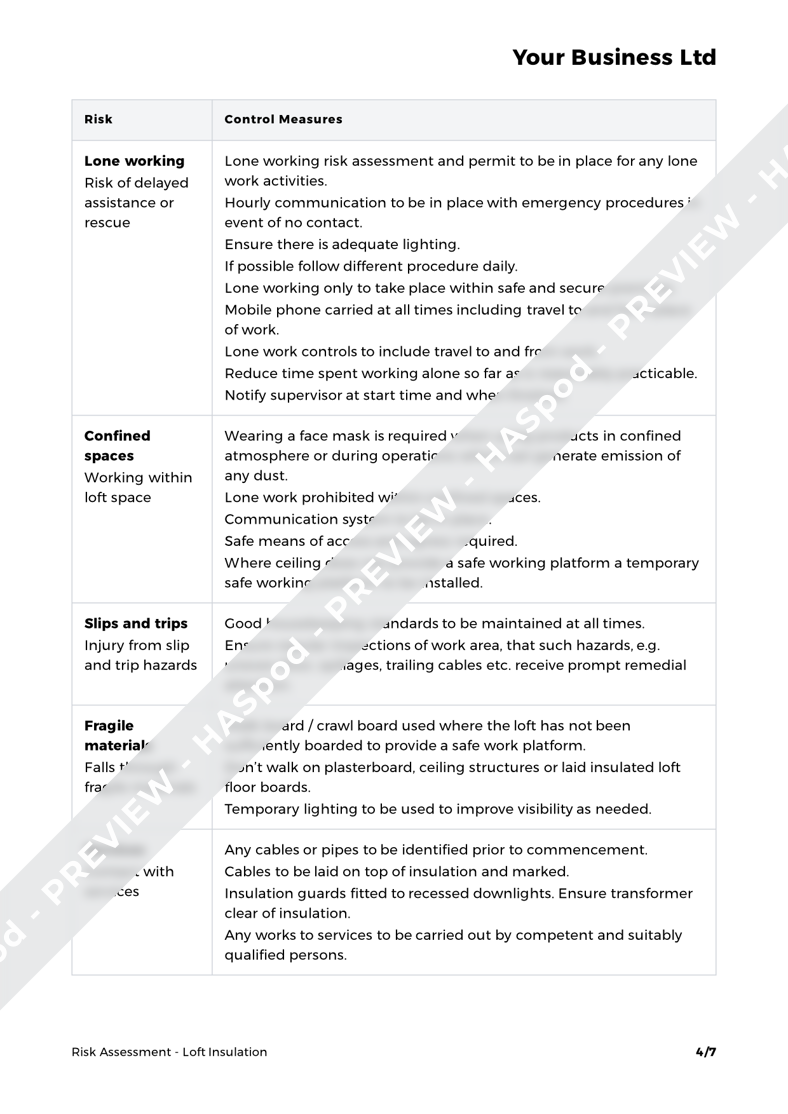 Loft Insulation Risk Assessment Template - HASpod