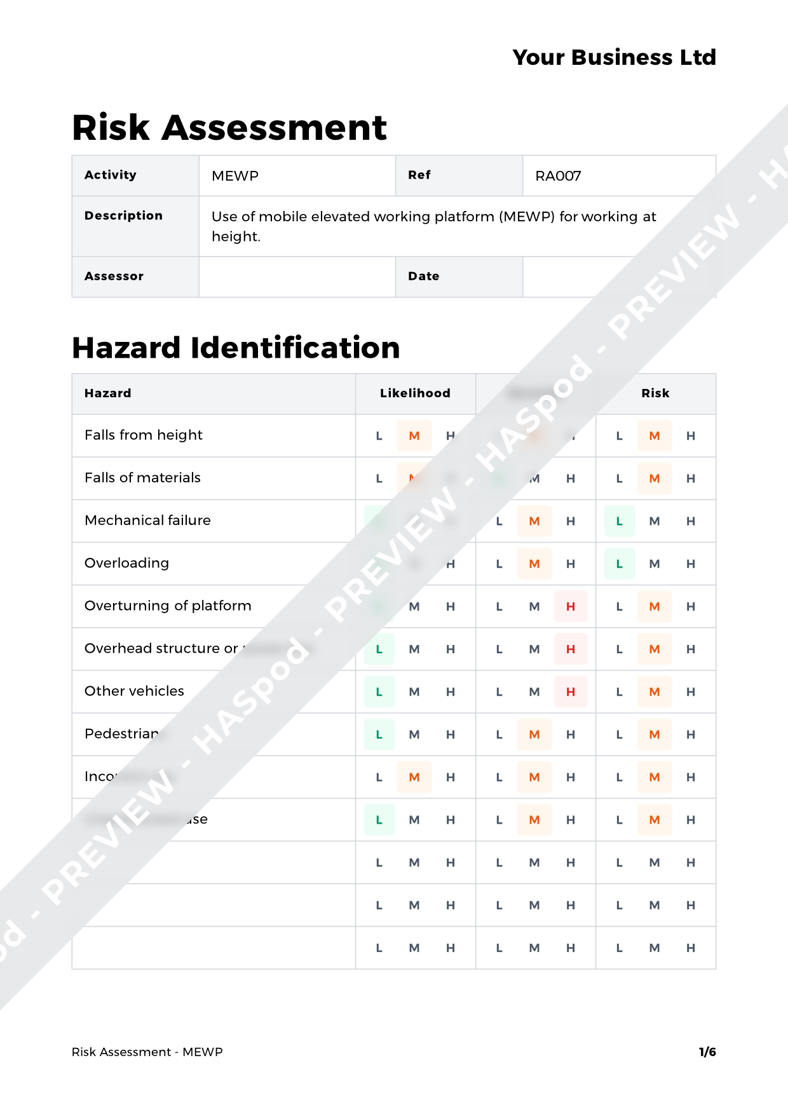 MEWP Risk Assessment Template - HASpod