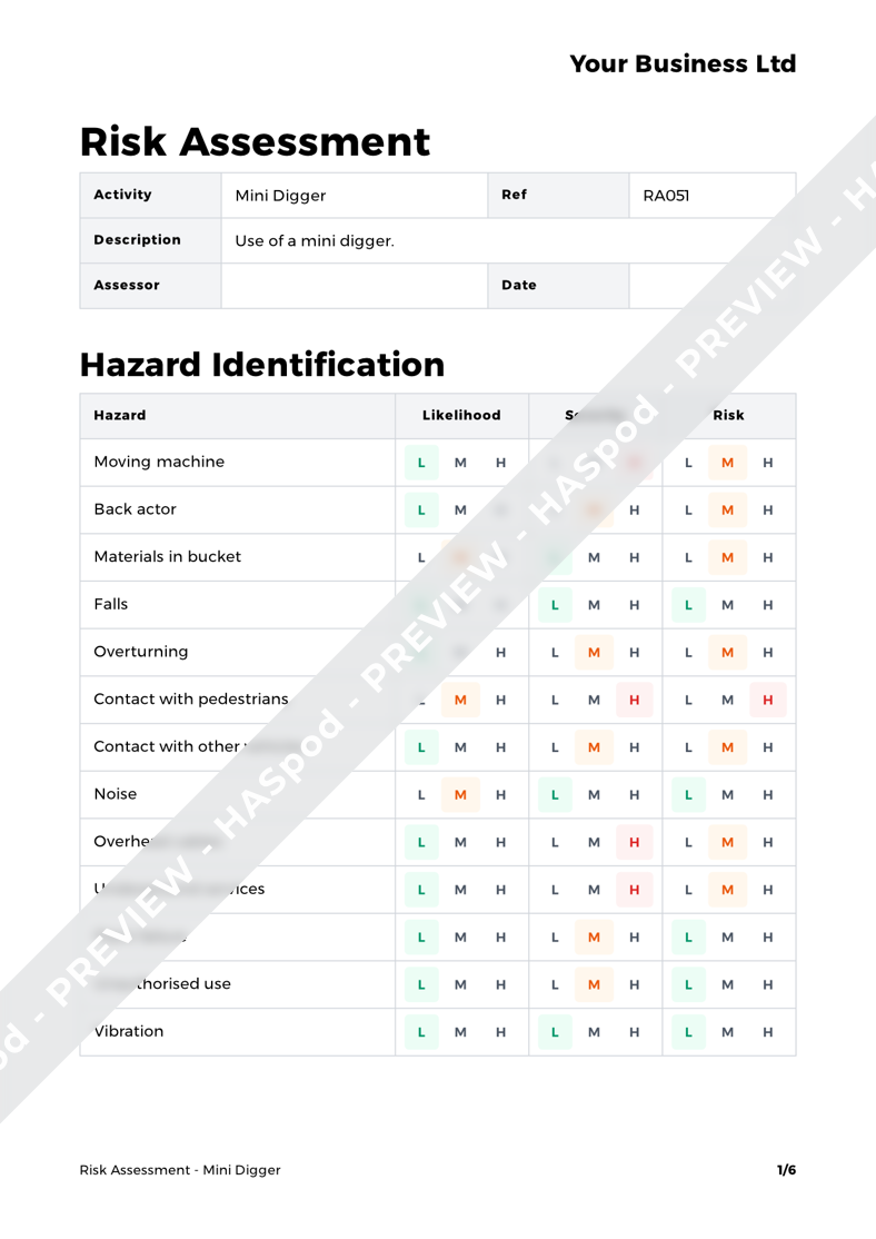 Mini Digger Risk Assessment Template - HASpod