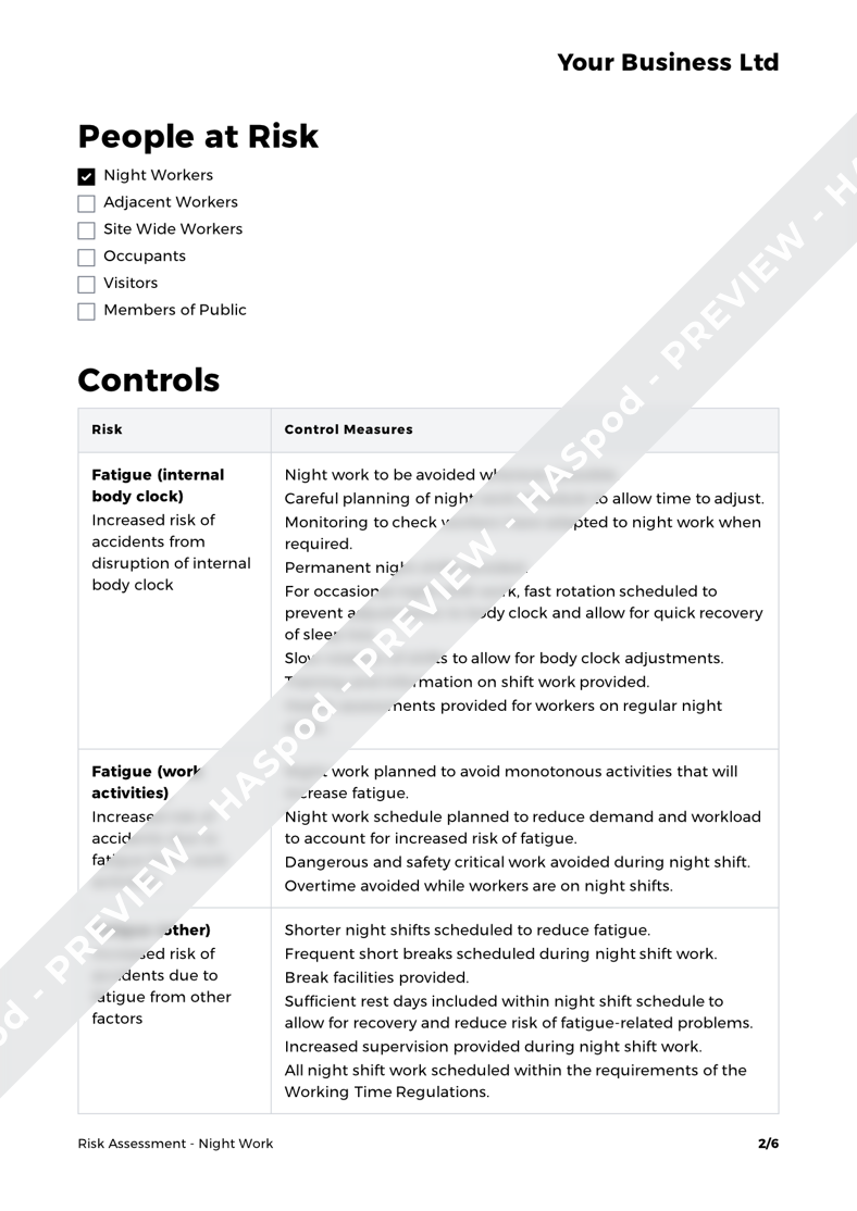 Night Work Risk Assessment Template - HASpod