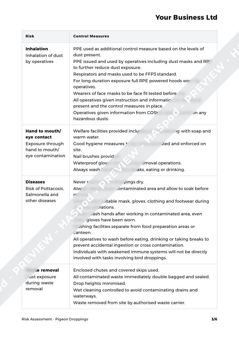 Pigeon Droppings Risk Assessment Template - HASpod
