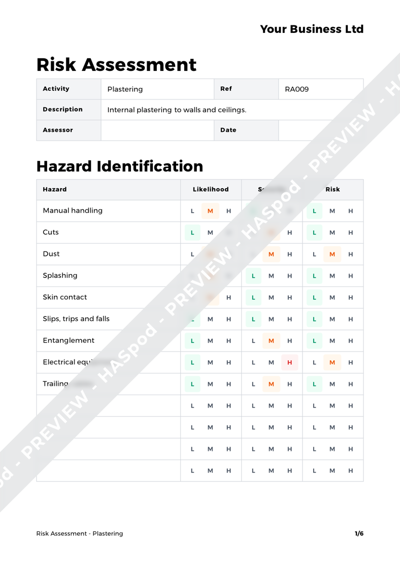 Plastering Risk Assessment Template Haspod