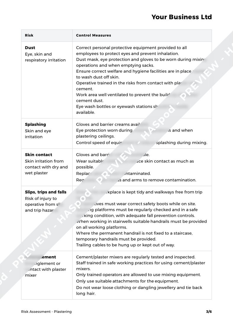 Plastering Risk Assessment Template - HASpod