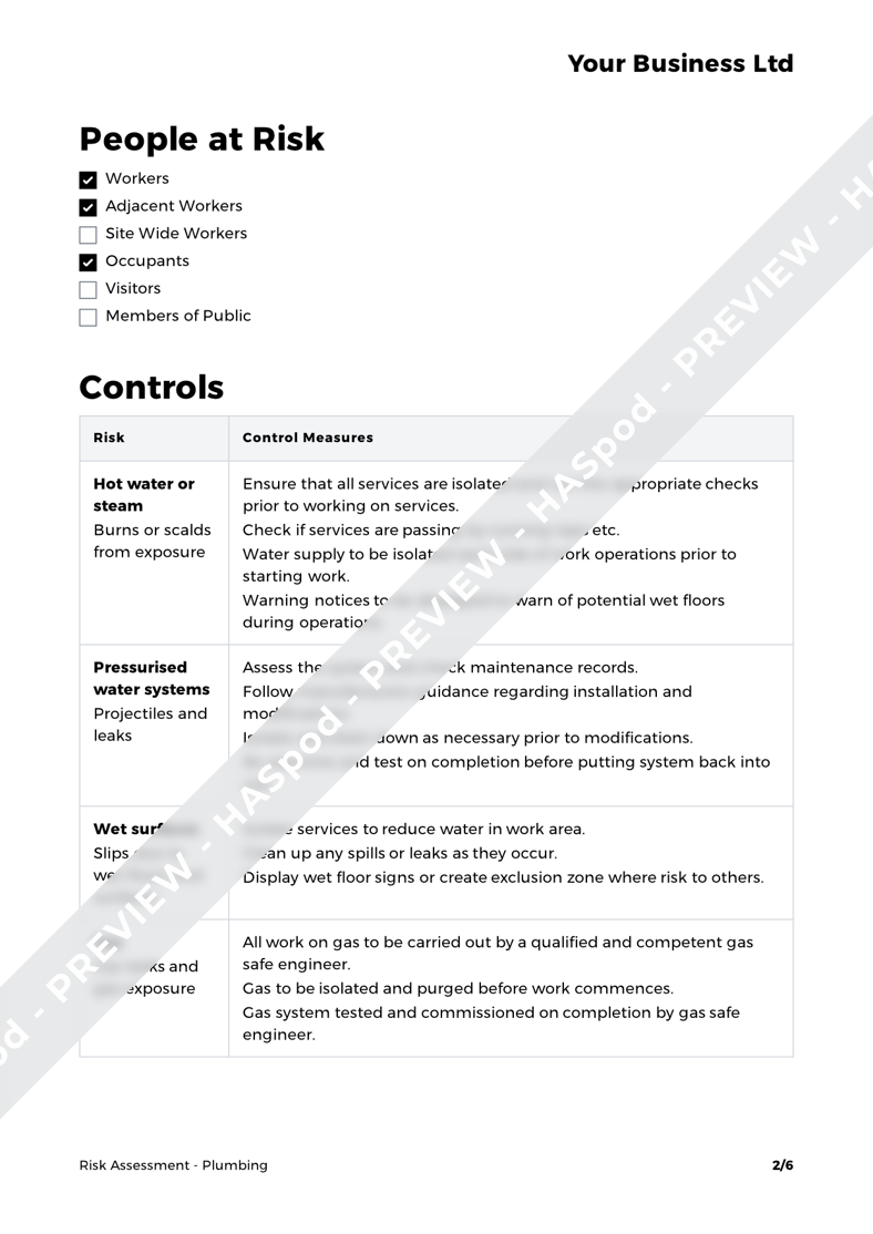 Plumbing Risk Assessment Template - HASpod