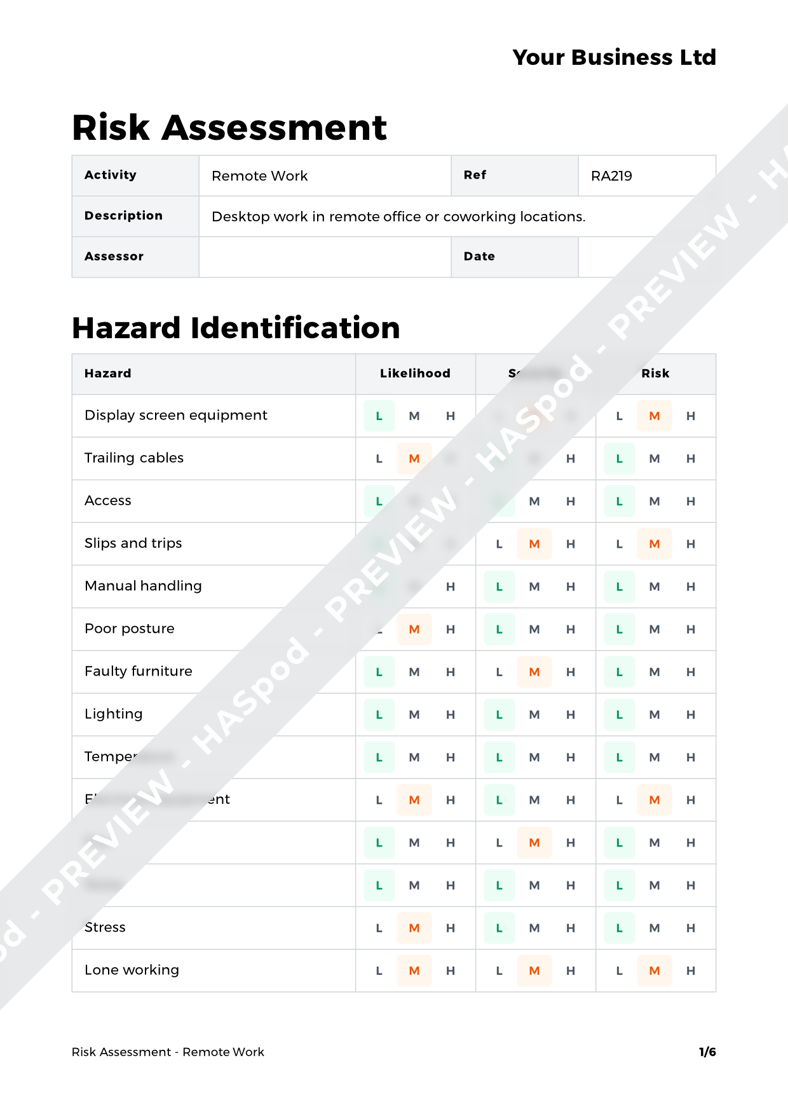 Remote Work Risk Assessment Template - HASpod Remote Work Risk Assessment Template - HASpod