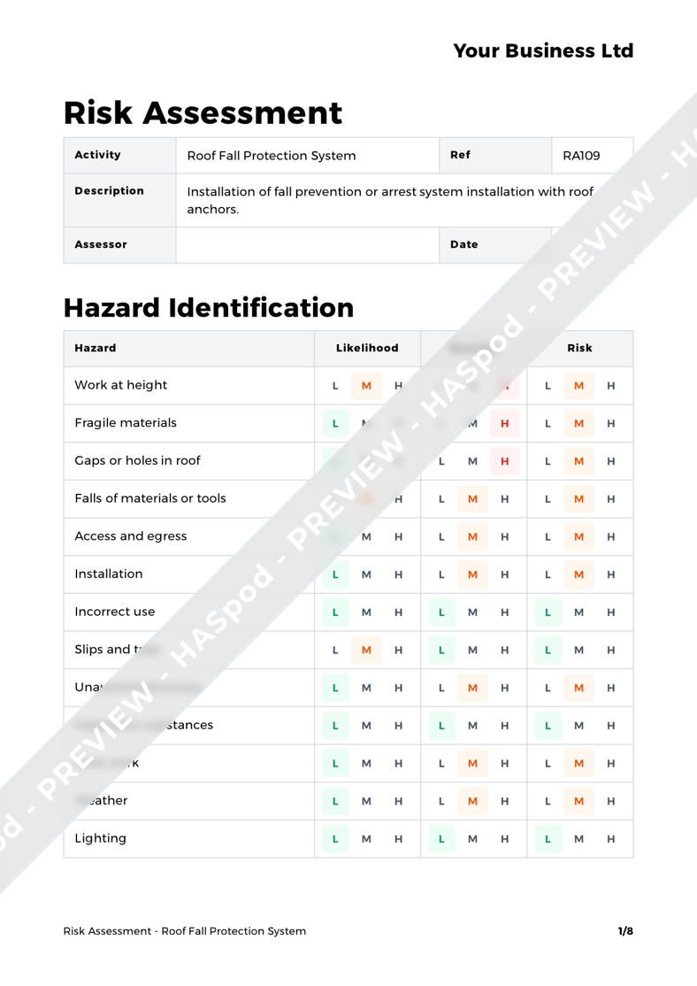 Roof Fall Protection System Risk Assessment Template - HASpod
