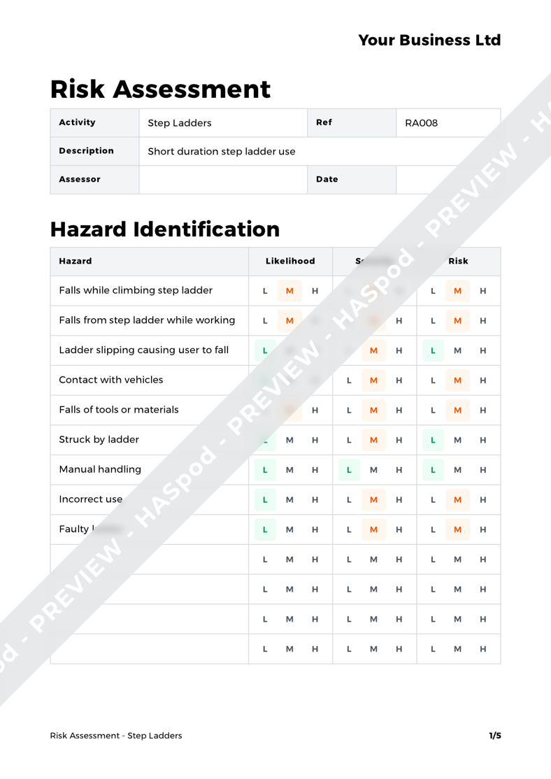 Step Ladders Risk Assessment Template - HASpod