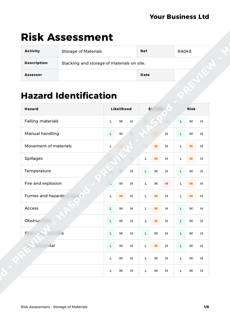 Storage of Materials Risk Assessment Template - HASpod