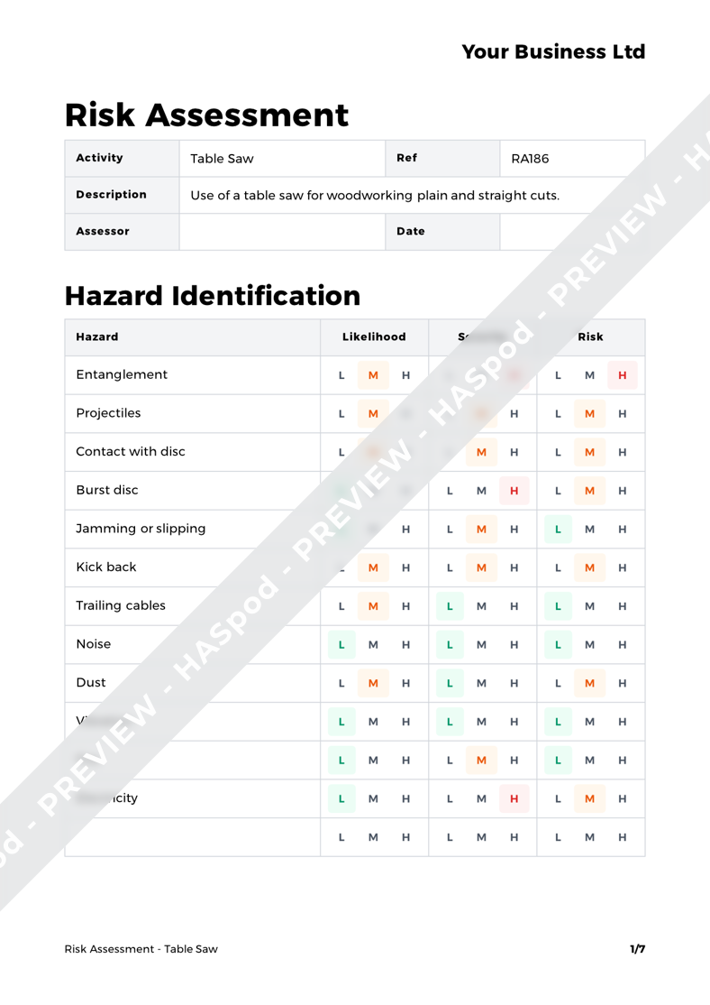 Table Saw Risk Assessment Template - HASpod