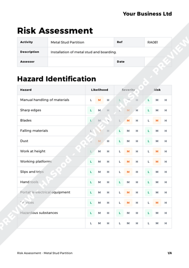 Metal Stud Partition Risk Assessment Template - HASpod