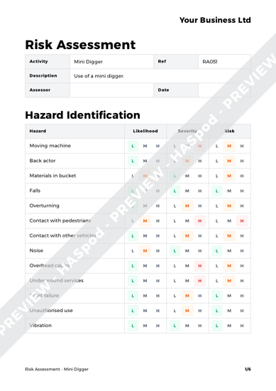 Mini Digger Risk Assessment Template - HASpod