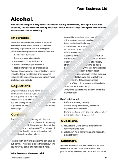 Alcohol Toolbox Talk Template - HASpod