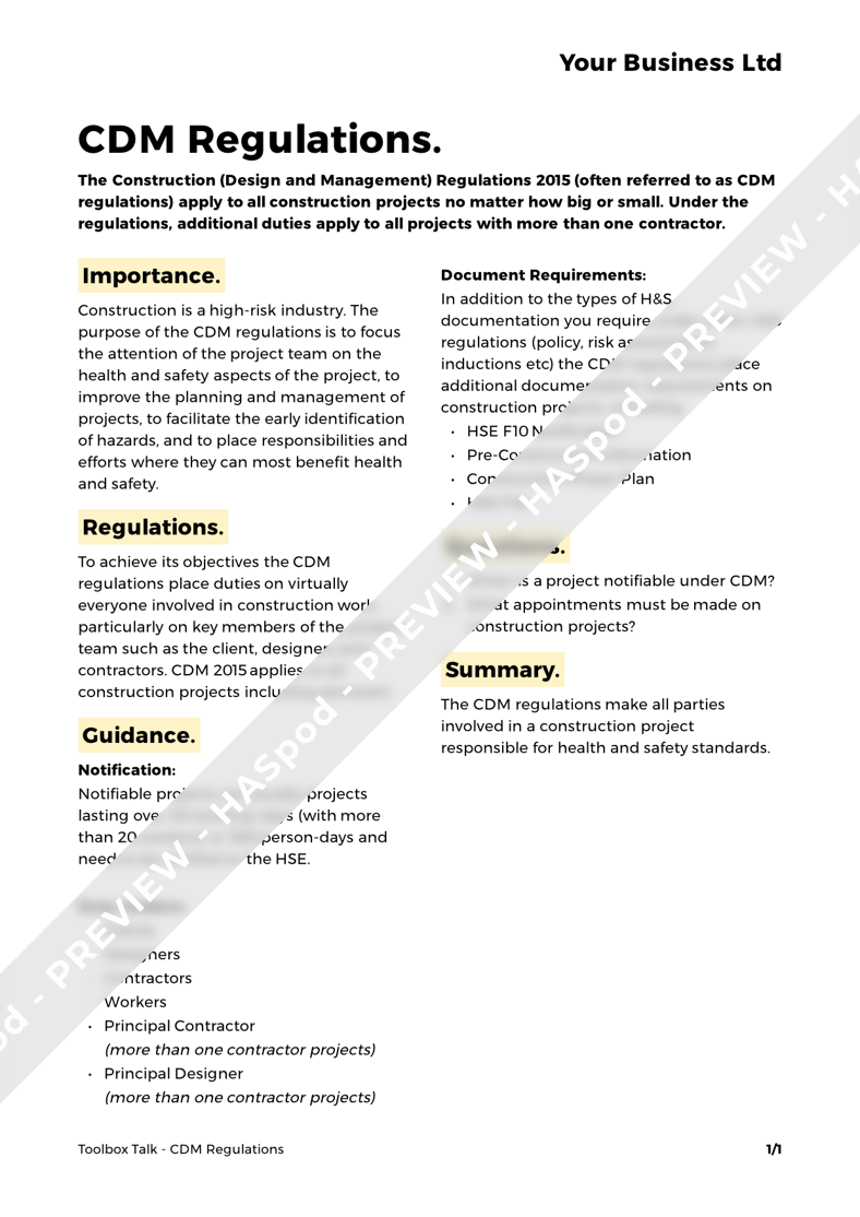 CDM Regulations Toolbox Talk Template - HASpod
