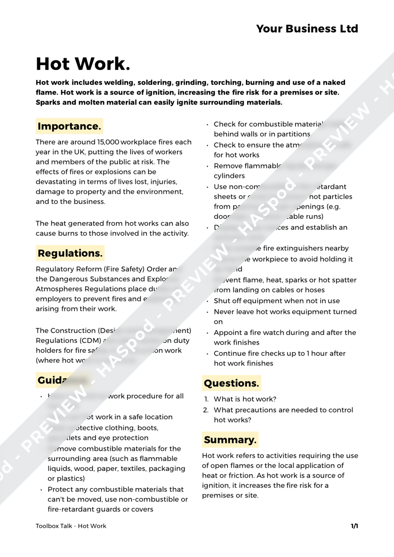Hot Work Toolbox Talk Template - HASpod