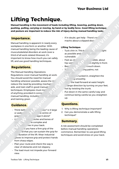 Lifting Technique Toolbox Talk Template - HASpod