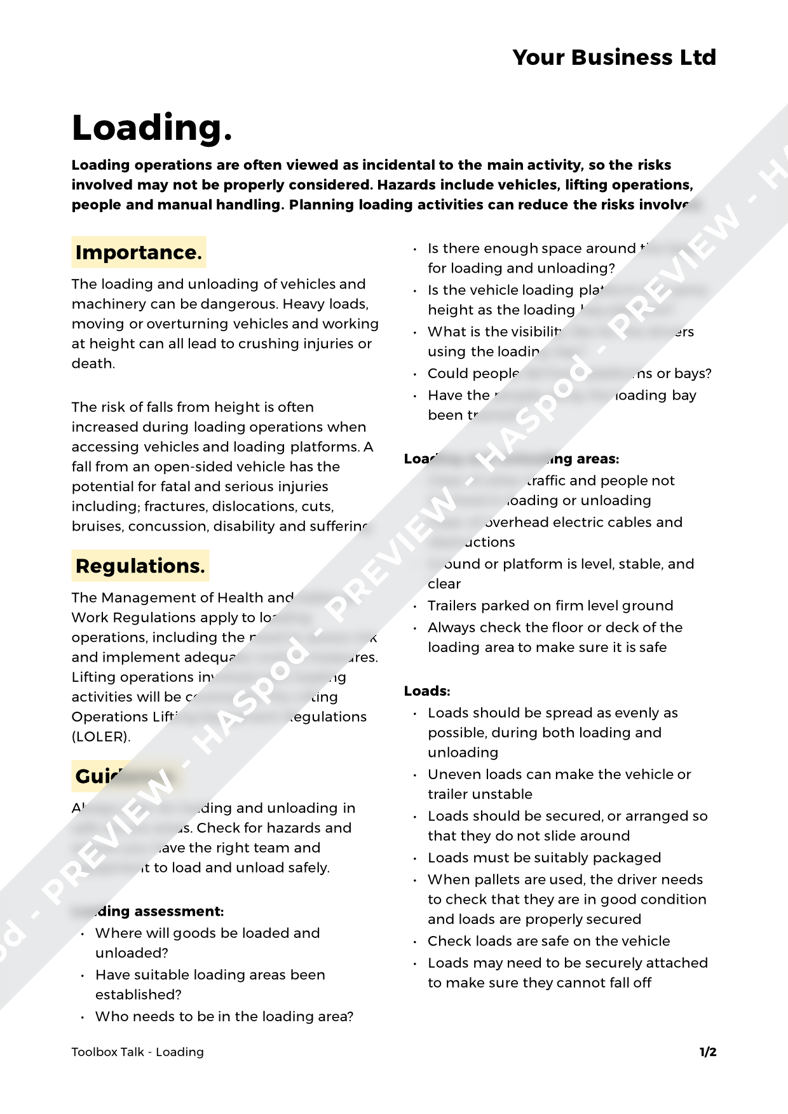 Loading Toolbox Talk Template - HASpod