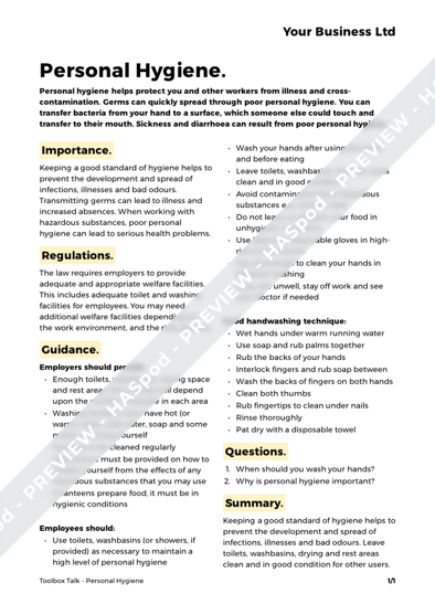Personal Hygiene Toolbox Talk Template - HASpod