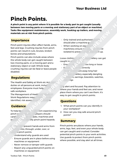 Pinch Points Toolbox Talk Template - HASpod