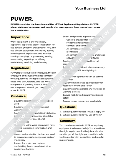 PUWER Toolbox Talk Template - HASpod
