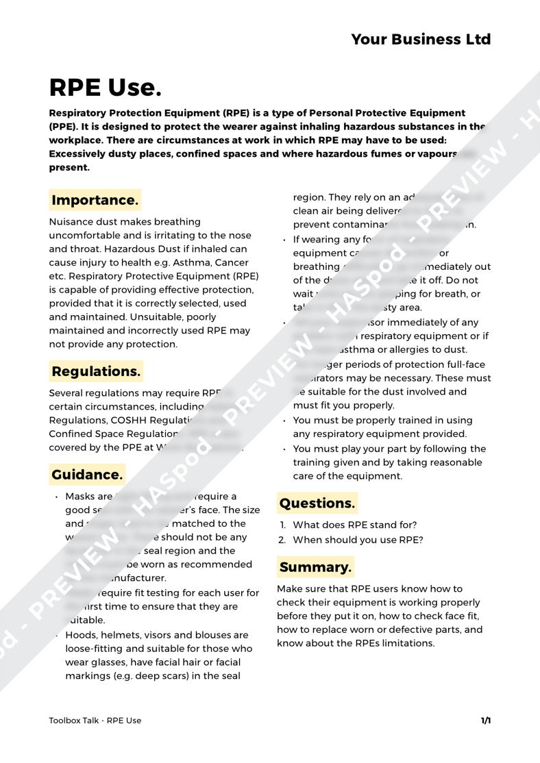 RPE Use Toolbox Talk Template - HASpod RPE Use Toolbox Talk Template - HASpod