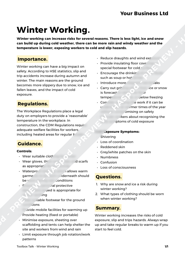 Winter Working Toolbox Talk Template - HASpod Winter Working Toolbox Talk Template - HASpod