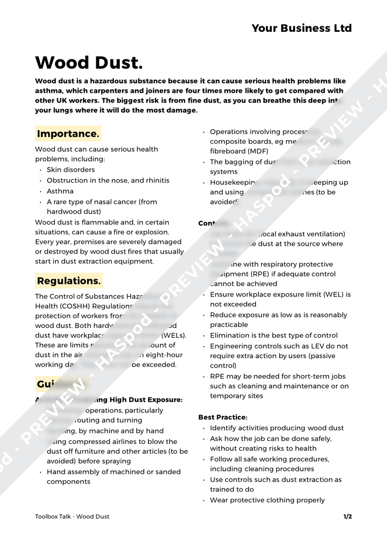 Wood Dust Toolbox Talk Template - HASpod
