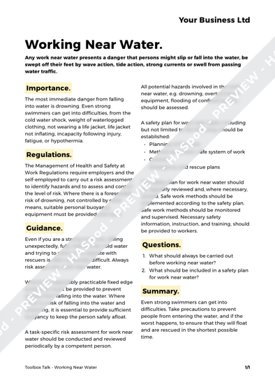 Working Near Water Toolbox Talk Template - HASpod