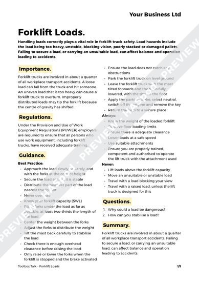 Forklift Loads Toolbox Talk Template - HASpod