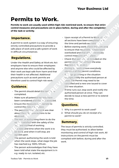 Free Permits to Work Toolbox Talk Template - HASpod